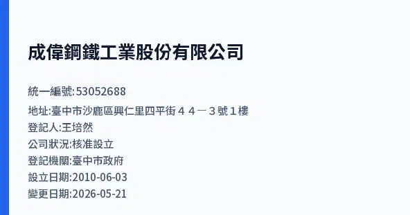 成偉鋼鐵工業股份有限公司的照片-統編 53052688(臺中市) 公司登記資料與營業項目詳細圖表