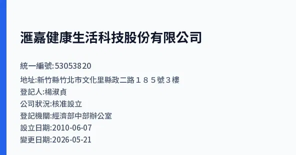 滙嘉健康生活科技股份有限公司的照片-統編 53053820(新竹縣) 公司登記資料與營業項目詳細圖表