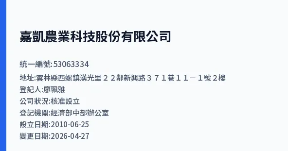 嘉凱農業科技股份有限公司的照片-統編 53063334(雲林縣) 公司登記資料與營業項目詳細圖表