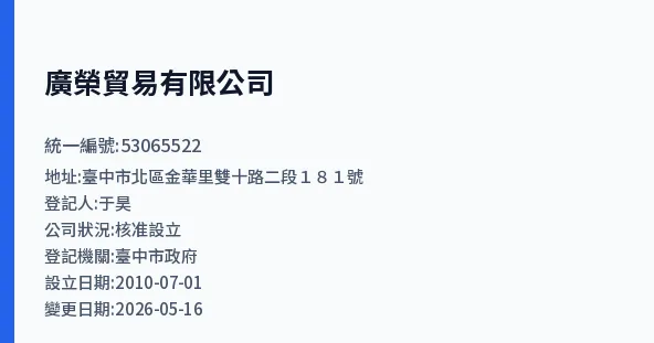 廣榮貿易有限公司的照片-統編 53065522(臺中市) 公司登記資料與營業項目詳細圖表