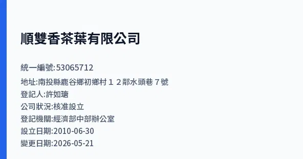 順雙香茶葉有限公司的照片-統編 53065712(南投縣) 公司登記資料與營業項目詳細圖表
