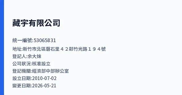 藏宇有限公司的照片-統編 53065831(新竹市) 公司登記資料與營業項目詳細圖表