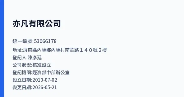 亦凡有限公司的照片-統編 53066178(屏東縣) 公司登記資料與營業項目詳細圖表