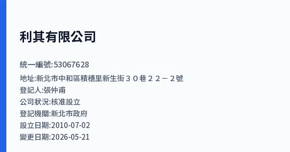 利其有限公司的照片-統編 53067628(新北市) 公司登記資料與營業項目詳細圖表