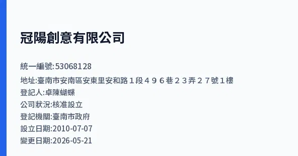 冠陽創意有限公司的照片-統編 53068128(臺南市) 公司登記資料與營業項目詳細圖表