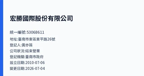 宏勝國際股份有限公司的照片-統編 53068611(臺南市) 公司登記資料與營業項目詳細圖表