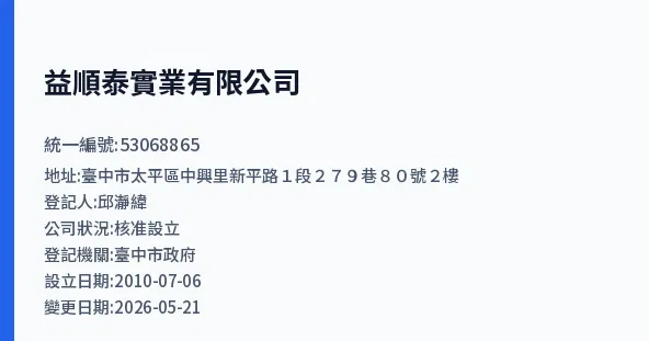 益順泰實業有限公司的照片-統編 53068865(臺中市) 公司登記資料與營業項目詳細圖表
