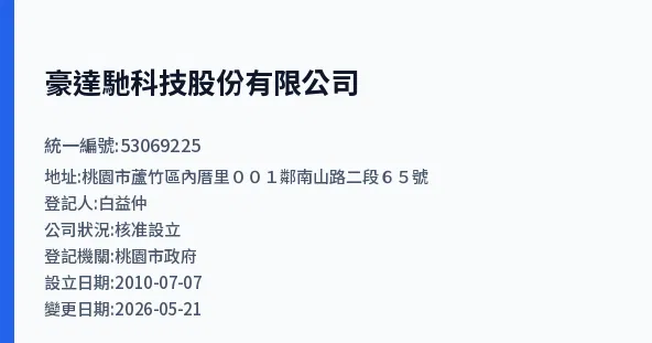 豪達馳科技股份有限公司的照片-統編 53069225(桃園市) 公司登記資料與營業項目詳細圖表