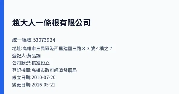 趙大人一條根有限公司的照片-統編 53073924(高雄市) 公司登記資料與營業項目詳細圖表