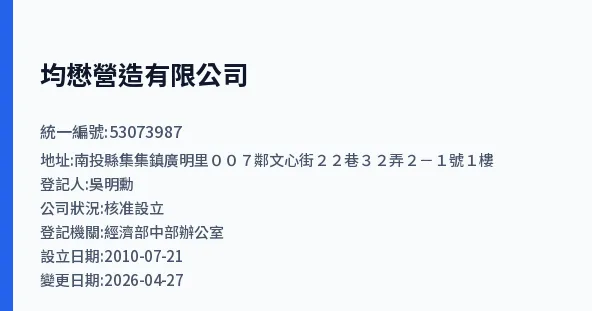 均懋營造有限公司的照片-統編 53073987(南投縣) 公司登記資料與營業項目詳細圖表