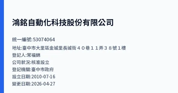 鴻銘自動化科技股份有限公司的照片-統編 53074064(臺中市) 公司登記資料與營業項目詳細圖表