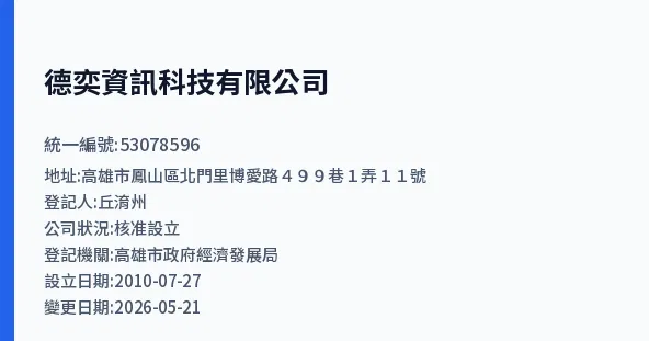 德奕資訊科技有限公司的照片-統編 53078596(高雄市) 公司登記資料與營業項目詳細圖表