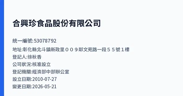 合興珍食品股份有限公司的照片-統編 53078792(彰化縣) 公司登記資料與營業項目詳細圖表