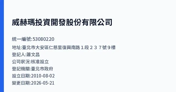 威赫瑪投資開發股份有限公司的照片-統編 53080220(臺北市) 公司登記資料與營業項目詳細圖表