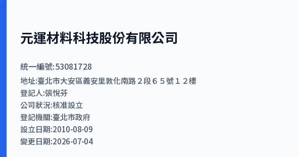 元運材料科技股份有限公司的照片-統編 53081728(臺北市) 公司登記資料與營業項目詳細圖表
