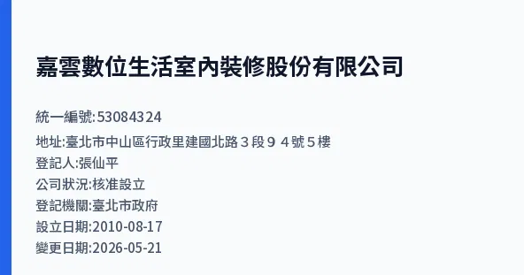 嘉雲數位生活室內裝修股份有限公司的照片-統編 53084324(臺北市) 公司登記資料與營業項目詳細圖表