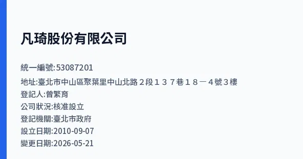 凡琦股份有限公司的照片-統編 53087201(臺北市) 公司登記資料與營業項目詳細圖表