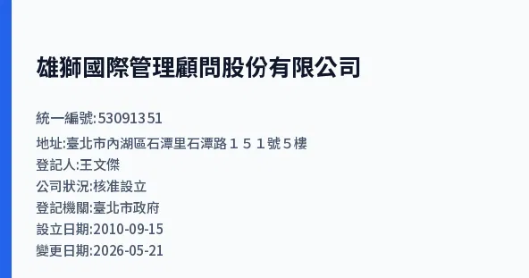雄獅國際管理顧問股份有限公司的照片-統編 53091351(臺北市) 公司登記資料與營業項目詳細圖表