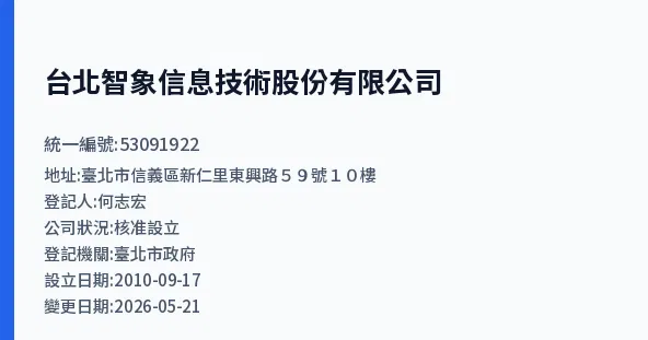 台北智象信息技術股份有限公司的照片-統編 53091922(臺北市) 公司登記資料與營業項目詳細圖表