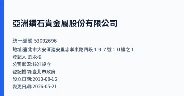 亞洲鑽石貴金屬股份有限公司的照片-統編 53092696(臺北市) 公司登記資料與營業項目詳細圖表