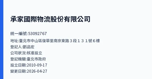 承家國際物流股份有限公司的照片-統編 53092767(臺北市) 公司登記資料與營業項目詳細圖表