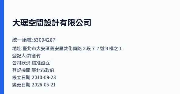 大琚空間設計有限公司的照片-統編 53094287(臺北市) 公司登記資料與營業項目詳細圖表