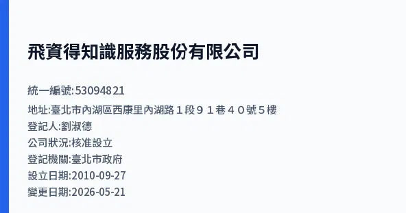 飛資得知識服務股份有限公司的照片-統編 53094821(臺北市) 公司登記資料與營業項目詳細圖表