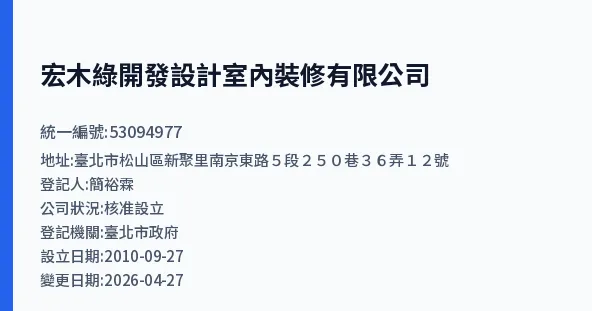 宏木綠開發設計室內裝修有限公司的照片-統編 53094977(臺北市) 公司登記資料與營業項目詳細圖表