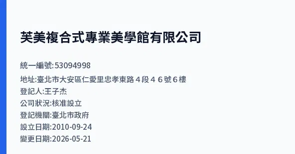 芙美複合式專業美學館有限公司的照片-統編 53094998(臺北市) 公司登記資料與營業項目詳細圖表