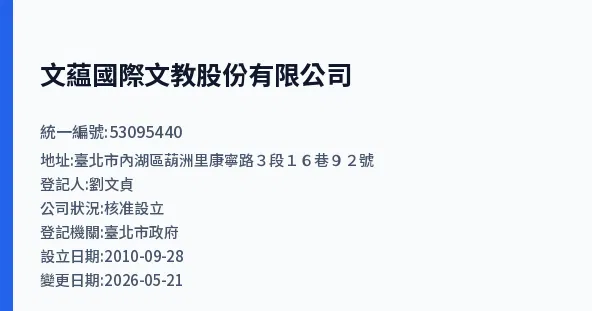 文藴國際文教股份有限公司的照片-統編 53095440(臺北市) 公司登記資料與營業項目詳細圖表