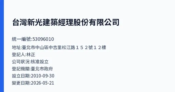 台灣新光建築經理股份有限公司的照片-統編 53096010(臺北市) 公司登記資料與營業項目詳細圖表