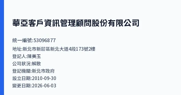 華亞客戶資訊管理顧問股份有限公司的照片-統編 53096877(新北市) 公司登記資料與營業項目詳細圖表