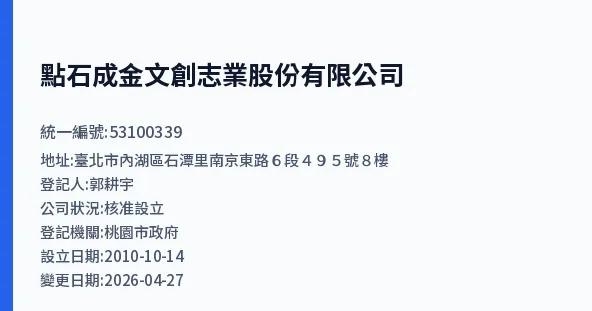 點石成金文創志業股份有限公司的照片-統編 53100339(臺北市) 公司登記資料與營業項目詳細圖表