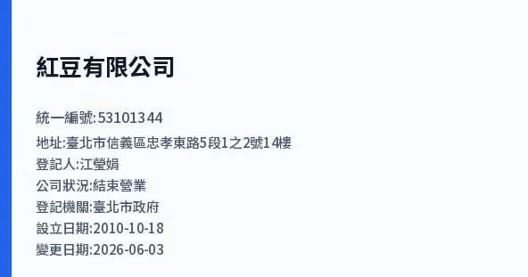 紅豆有限公司的照片-統編 53101344(臺北市) 公司登記資料與營業項目詳細圖表