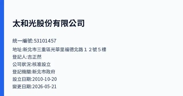 太和光股份有限公司的照片-統編 53101457(新北市) 公司登記資料與營業項目詳細圖表
