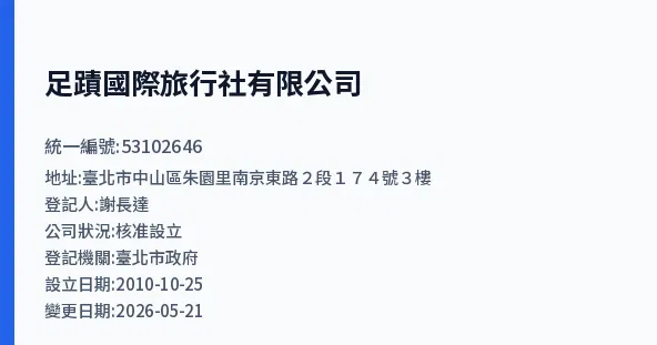 足蹟國際旅行社有限公司的照片-統編 53102646(臺北市) 公司登記資料與營業項目詳細圖表
