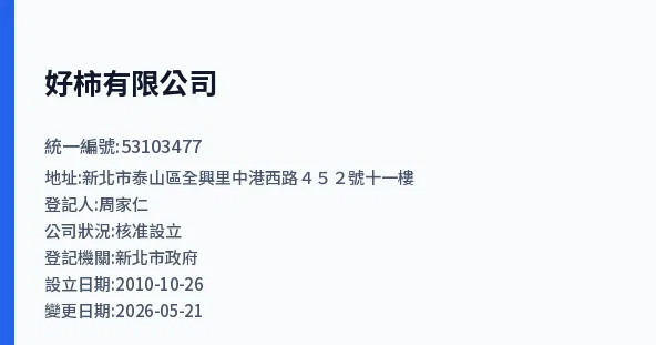 好柿有限公司的照片-統編 53103477(新北市) 公司登記資料與營業項目詳細圖表