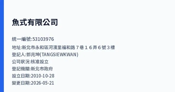 魚式有限公司的照片-統編 53103976(新北市) 公司登記資料與營業項目詳細圖表