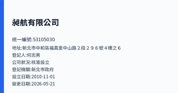 昶航有限公司的照片-統編 53105030(新北市) 公司登記資料與營業項目詳細圖表