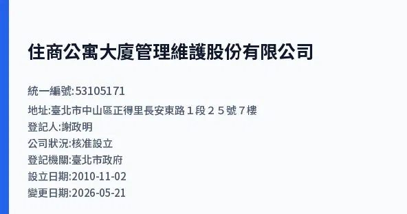 住商公寓大廈管理維護股份有限公司的照片-統編 53105171(臺北市) 公司登記資料與營業項目詳細圖表