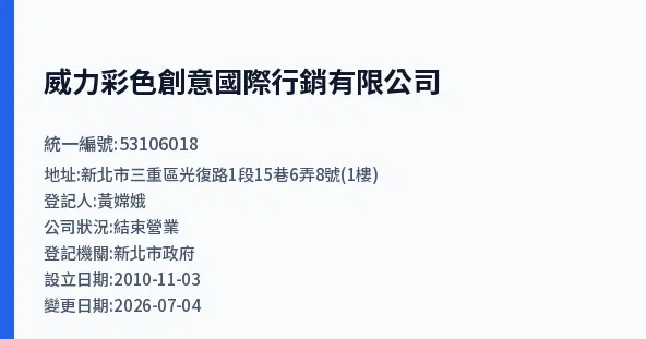威力彩色創意國際行銷有限公司的照片-統編 53106018(新北市) 公司登記資料與營業項目詳細圖表