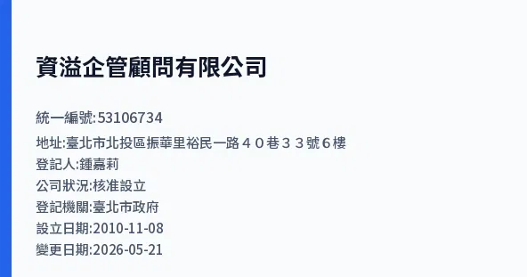 資溢企管顧問有限公司的照片-統編 53106734(臺北市) 公司登記資料與營業項目詳細圖表