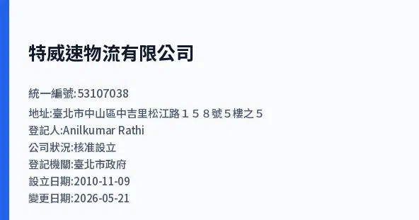 特威速物流有限公司的照片-統編 53107038(臺北市) 公司登記資料與營業項目詳細圖表