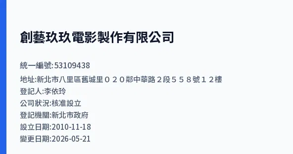 創藝玖玖電影製作有限公司的照片-統編 53109438(新北市) 公司登記資料與營業項目詳細圖表