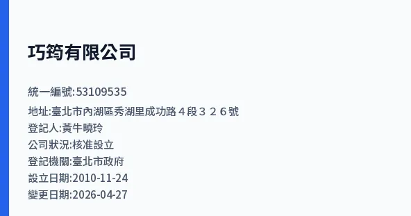 巧筠有限公司的照片-統編 53109535(臺北市) 公司登記資料與營業項目詳細圖表