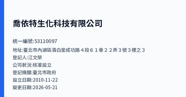 喬依特生化科技有限公司的照片-統編 53110097(臺北市) 公司登記資料與營業項目詳細圖表