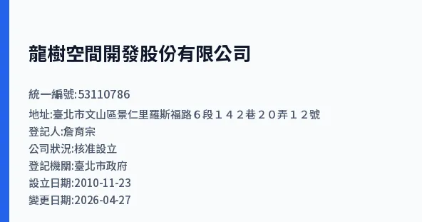 龍樹空間開發股份有限公司的照片-統編 53110786(臺北市) 公司登記資料與營業項目詳細圖表