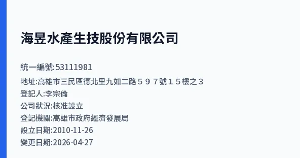 海昱水產生技股份有限公司的照片-統編 53111981(高雄市) 公司登記資料與營業項目詳細圖表