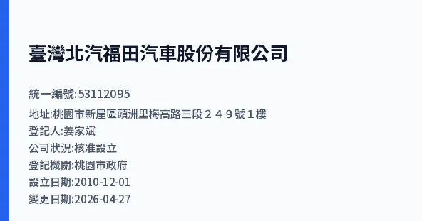 臺灣北汽福田汽車股份有限公司的照片-統編 53112095(桃園市) 公司登記資料與營業項目詳細圖表