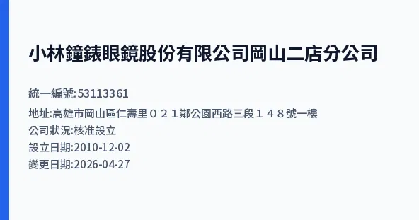 小林鐘錶眼鏡股份有限公司岡山二店分公司的照片-統編 53113361(高雄市) 公司登記資料與營業項目詳細圖表